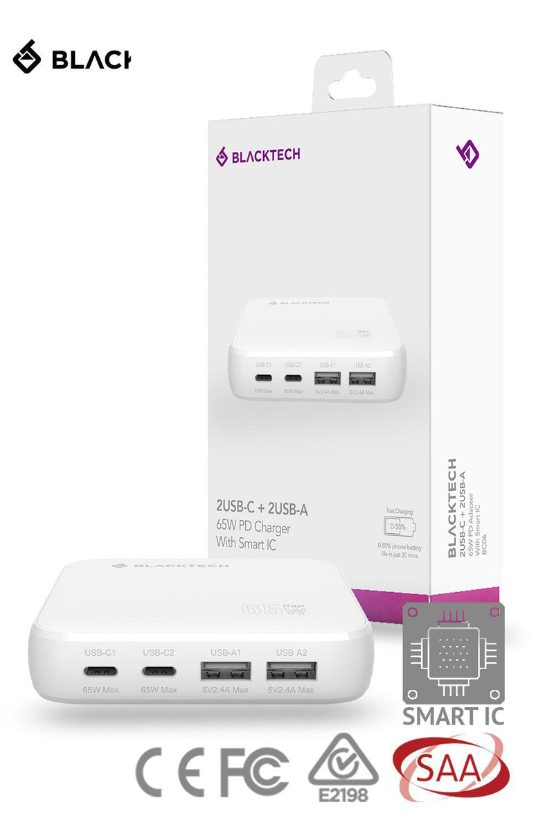 BLACKTECH BC06 Dual USB-C Dual USB-A 65W PD Adapter With Smart IC – Oz ...